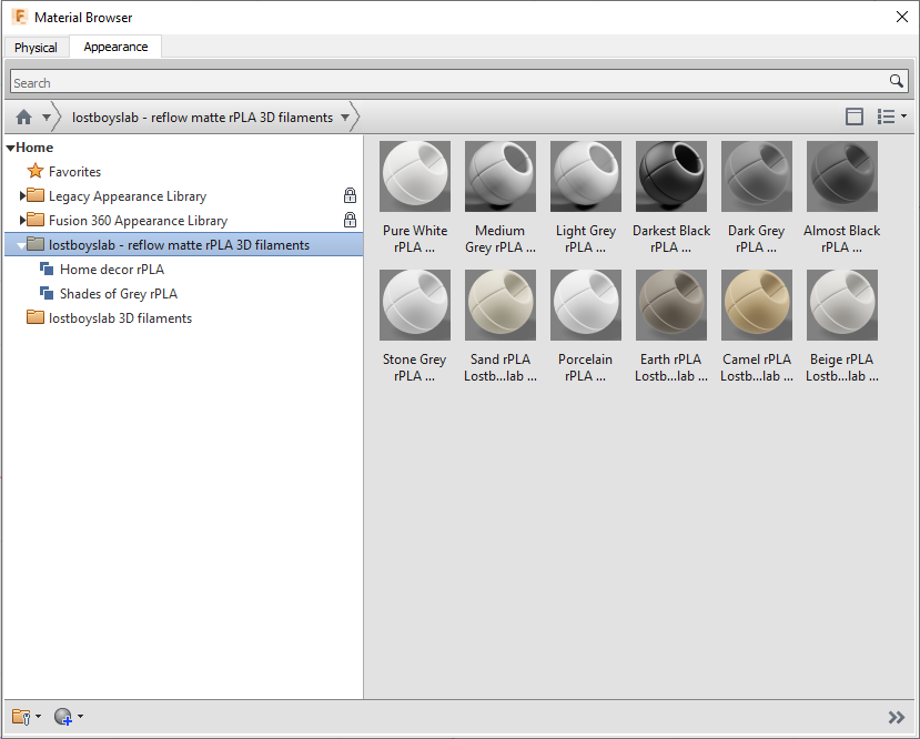 Fusion 360 material library for Lostboyslab matte rPLA 3D filaments ...